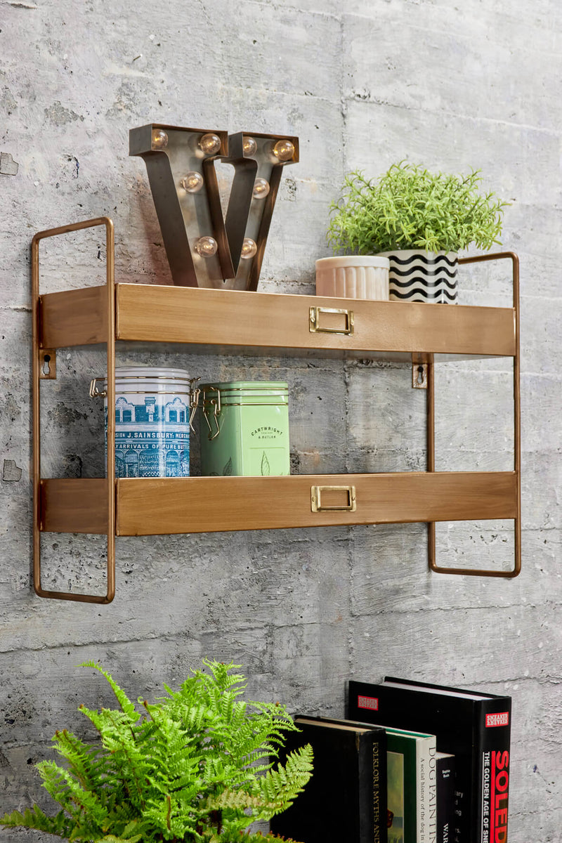 Industrial Style 2 Tier Wall Shelf - Antique Gold | Vincent and Barn