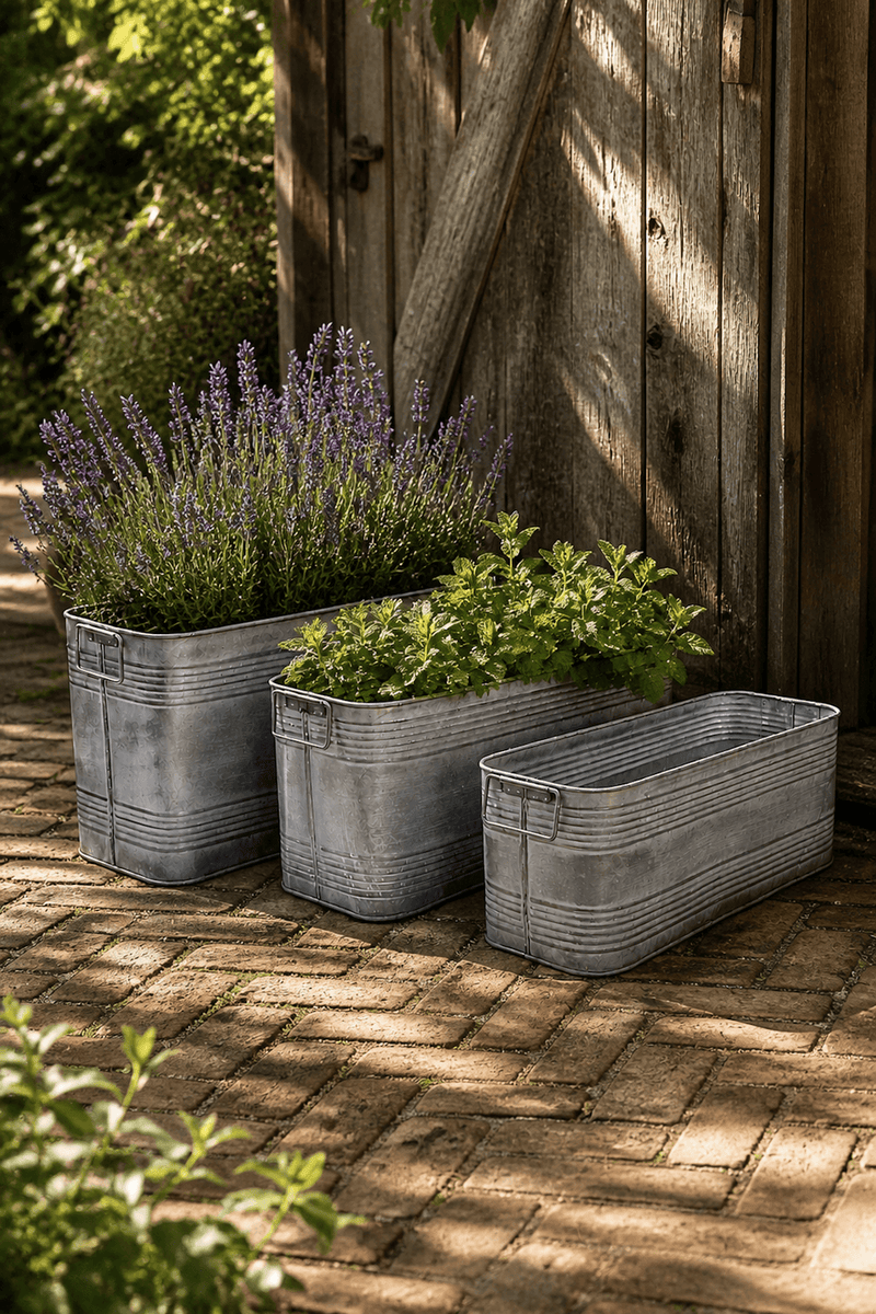 Aged Zinc Trough Planters with Handles - Set of 3 | Vincent and Barn