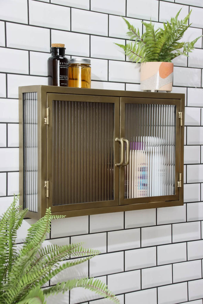 Industrial Fluted Glass Double Door Wall Cabinet Antique Brass ...