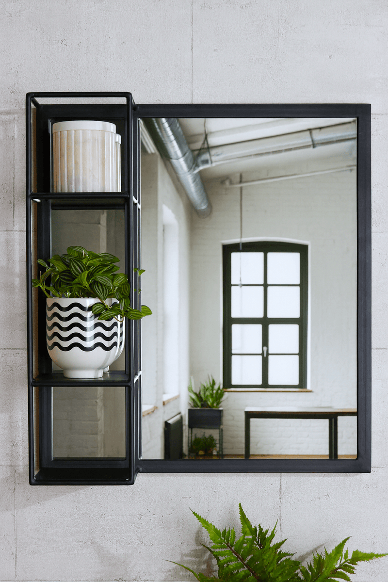 Industrial Mirror with Display Shelves - Matt Black | Vincent and Barn