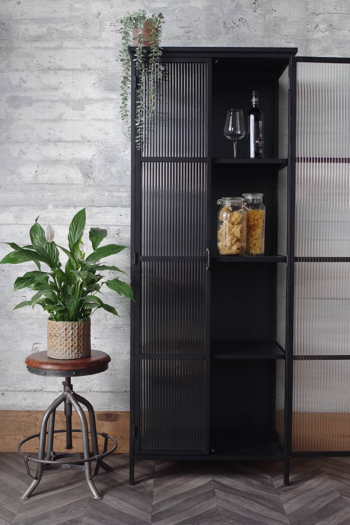 Industrial Fluted Glass Display Cabinet Matt Black Vincent and Barn